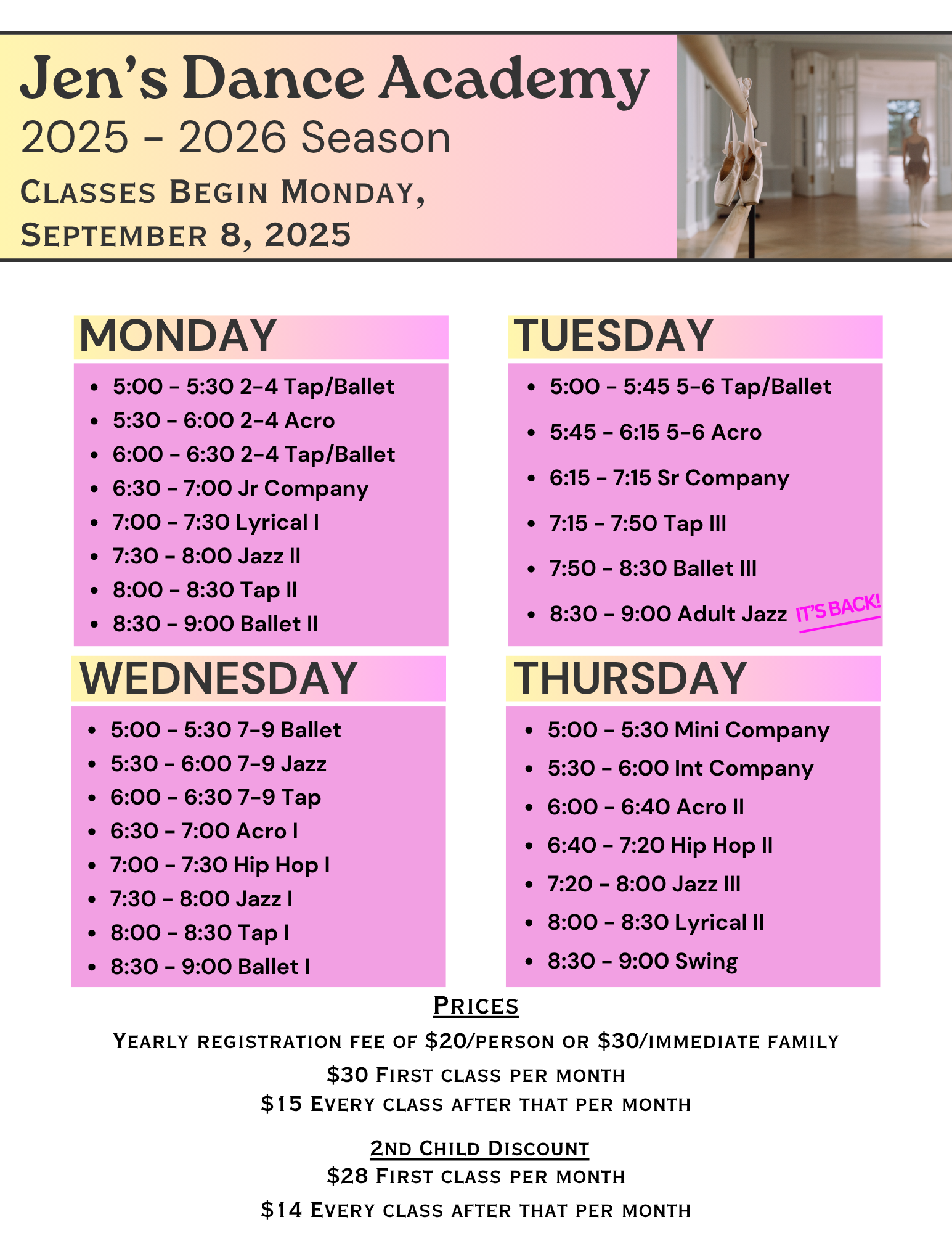 Jen's Dance Academy - SCHEDULE
